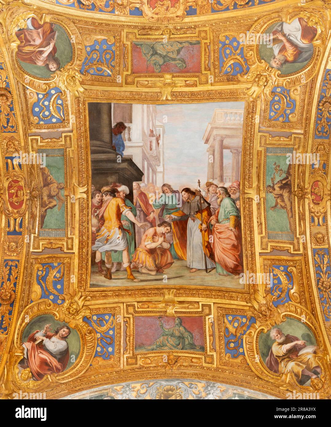 GENOVA, ITALY - MARCH 6, 2023: The fresco scene from life of St. James ...