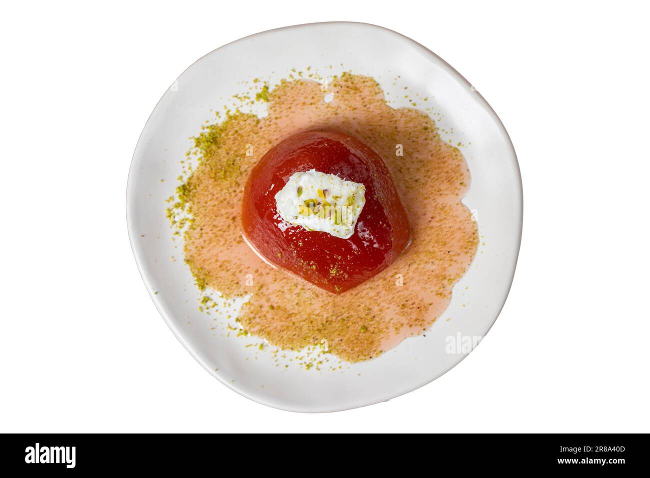 Quince dessert with sorbet isolated on white background. Creamy quince ...