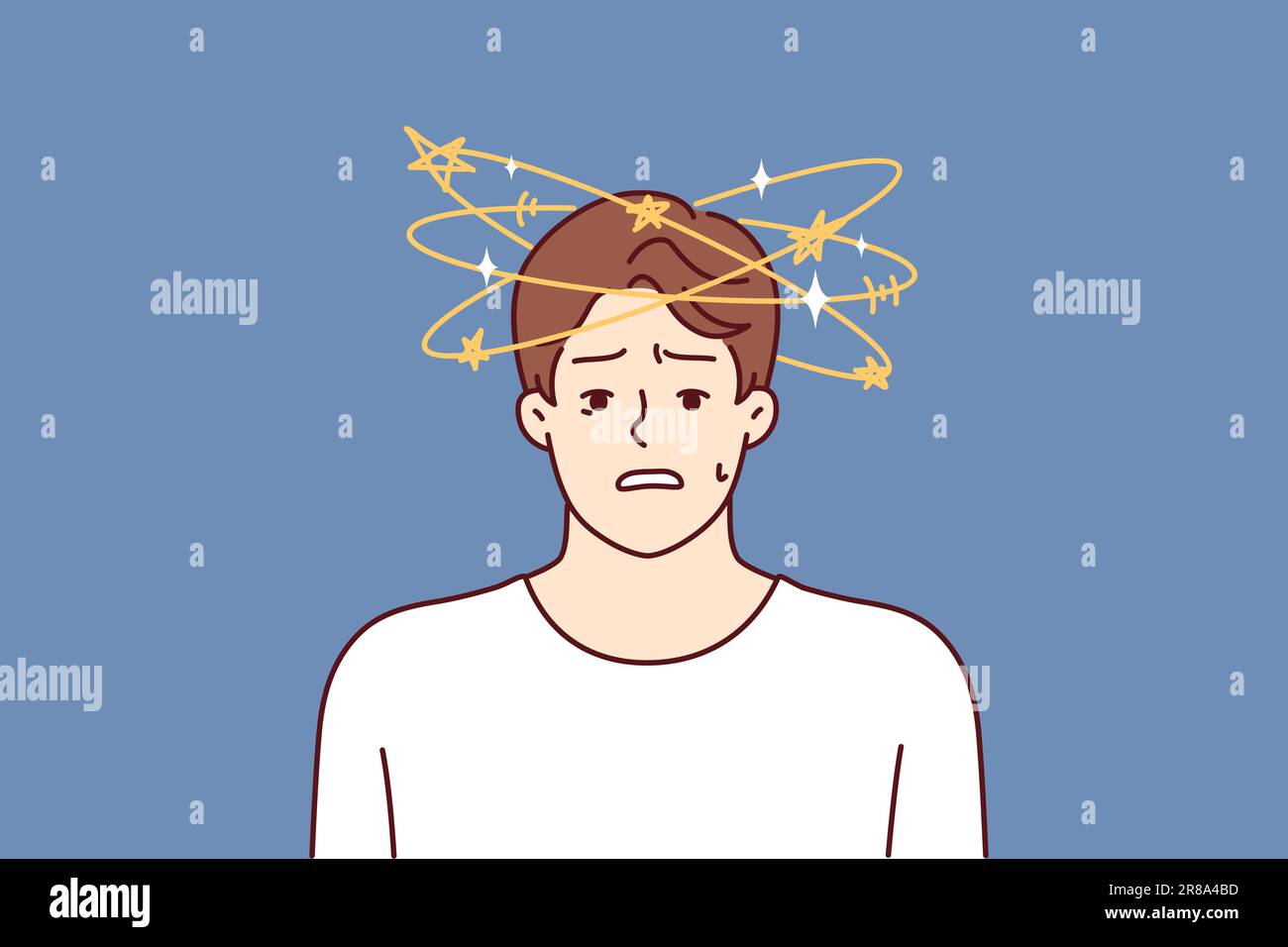 Man with dizziness and stars flying around head looks at camera in ...
