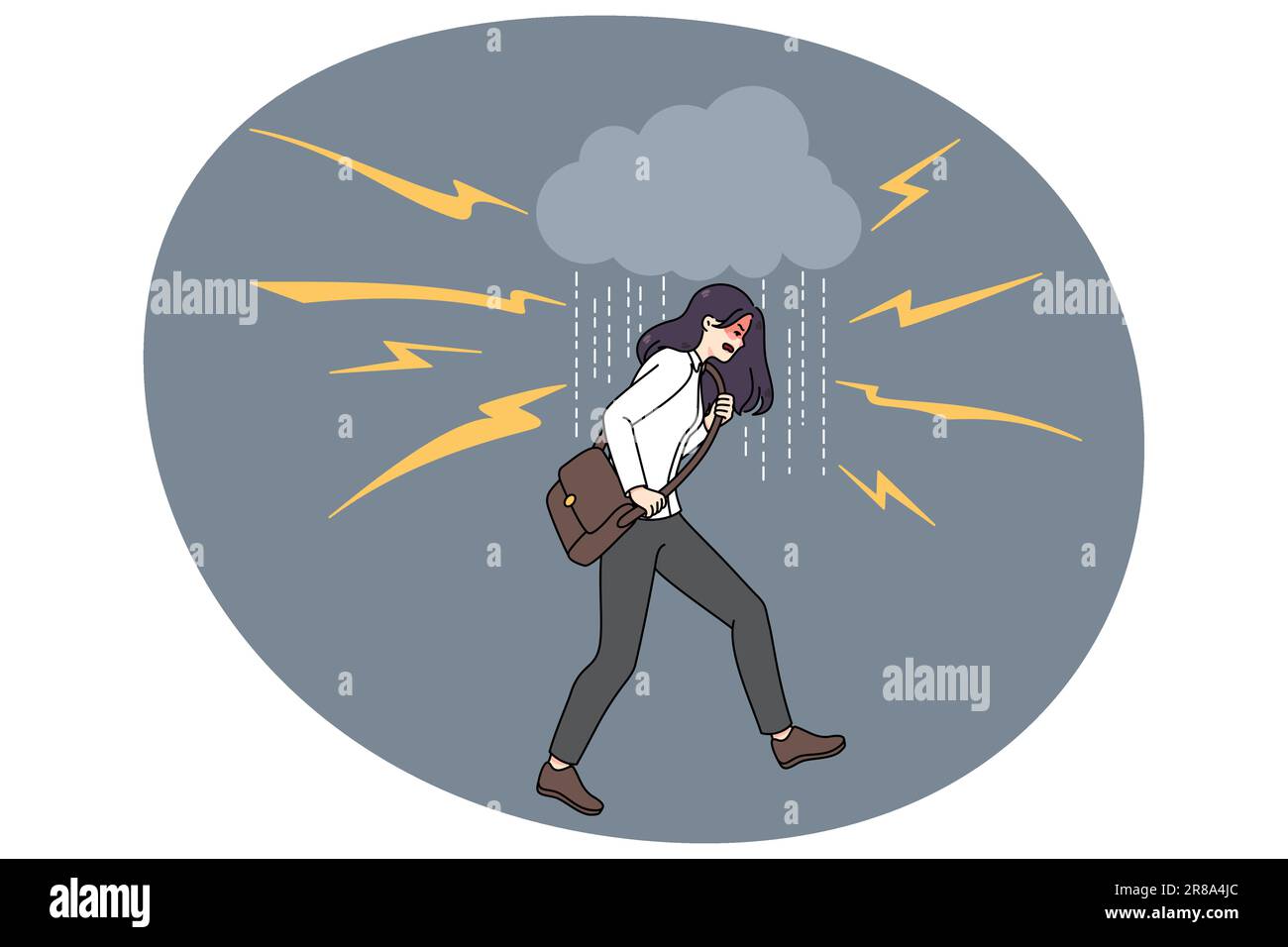 Unhappy young woman surrounded by lightings feeling aggression and rage ...