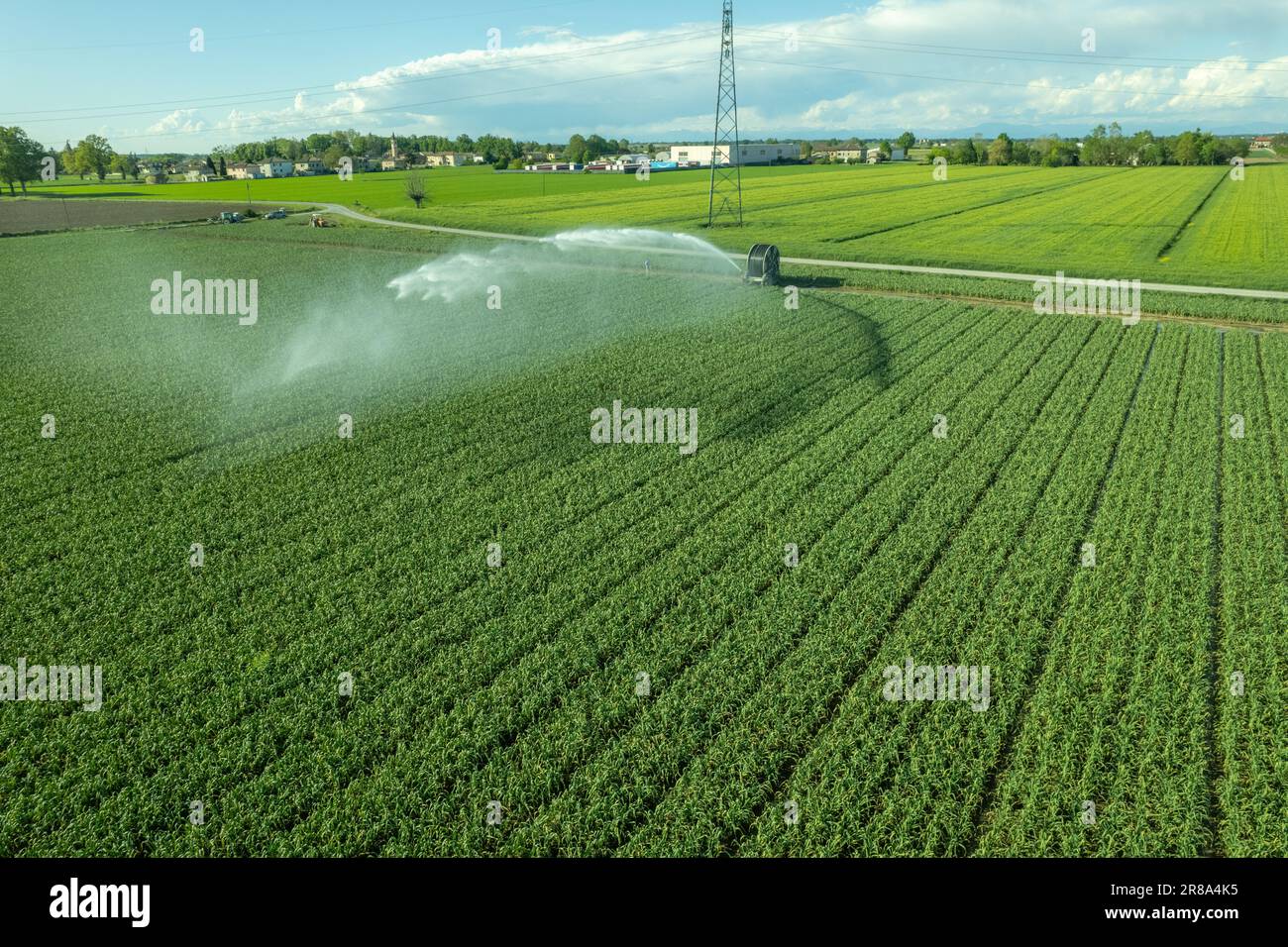 Aerial drone photography of agricultural irrigation system with a big ...