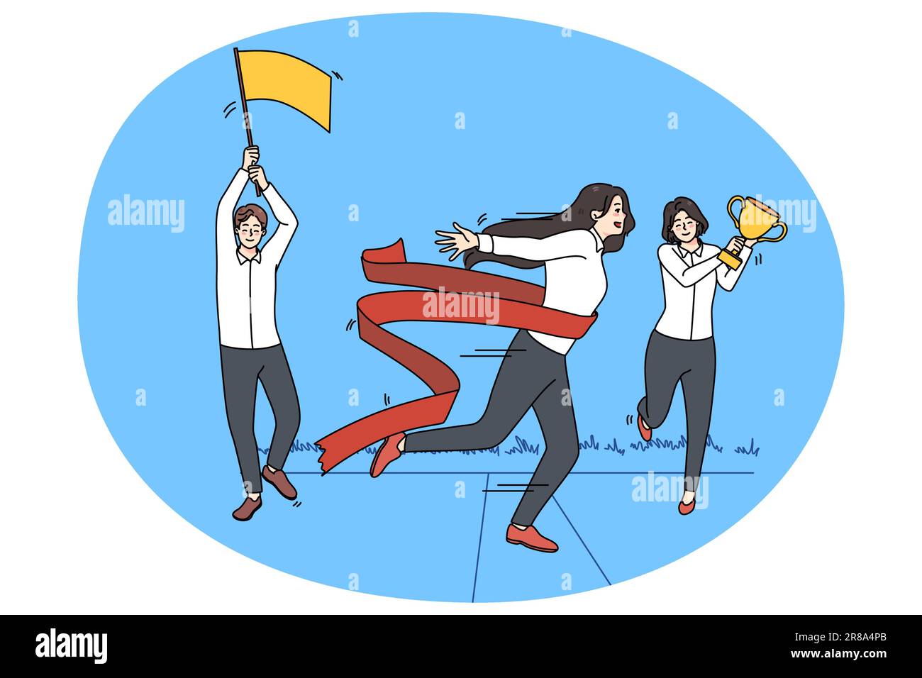 Motivated female employee feel euphoric cross finish line reach ...