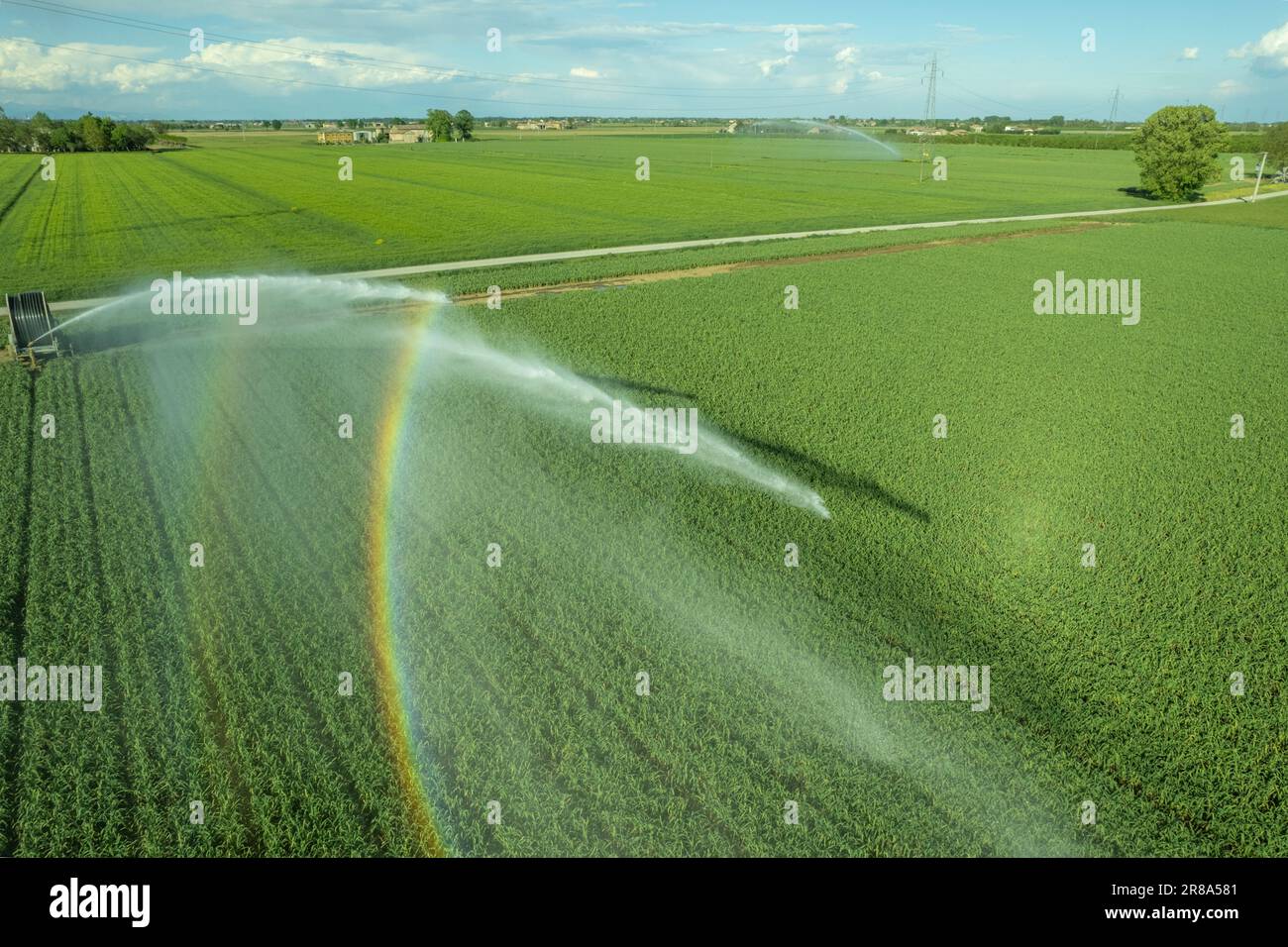 Aerial drone photography of agricultural irrigation system with a big ...