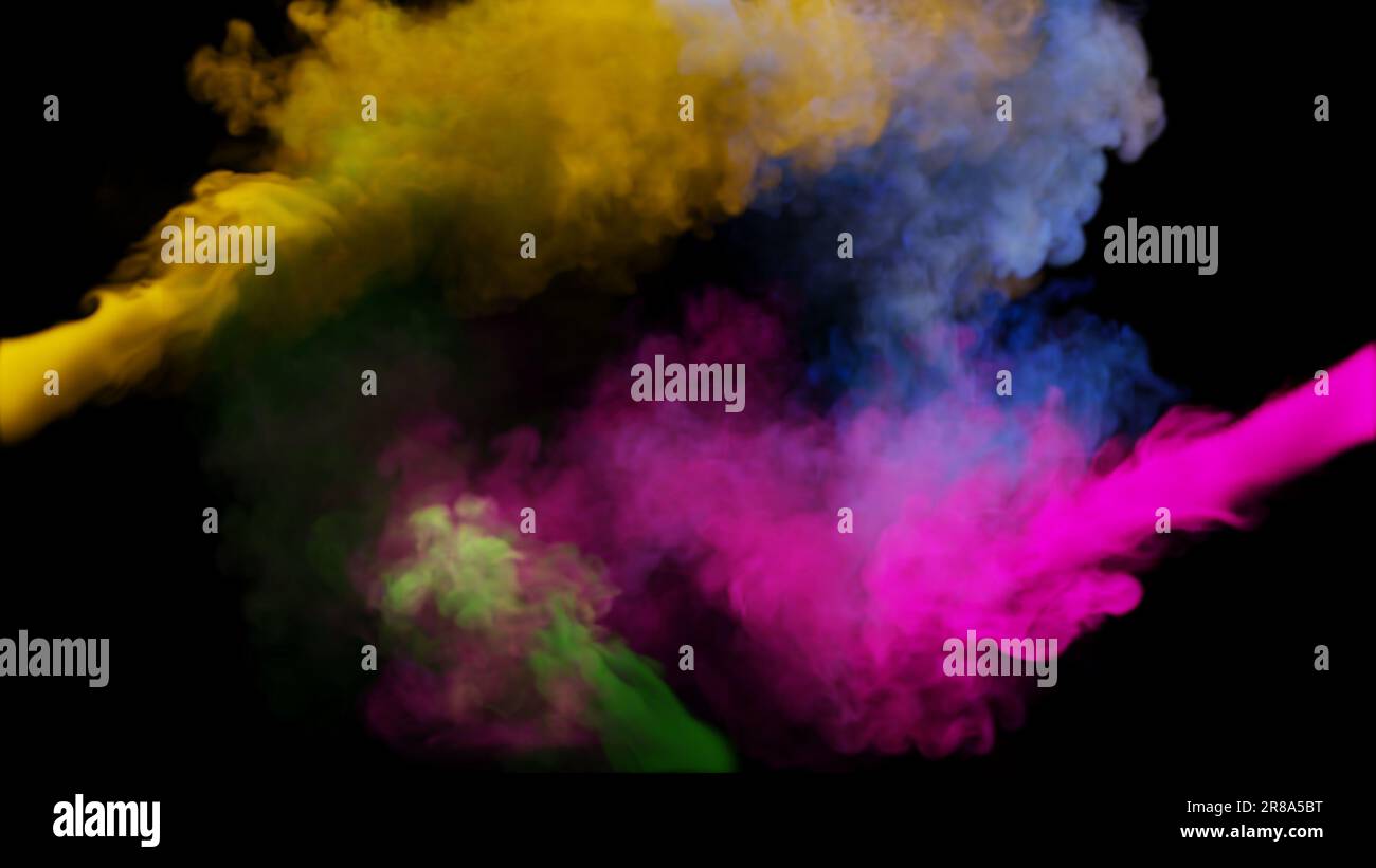 Clubs of multi-colored smoke collide from four sides on a black ...