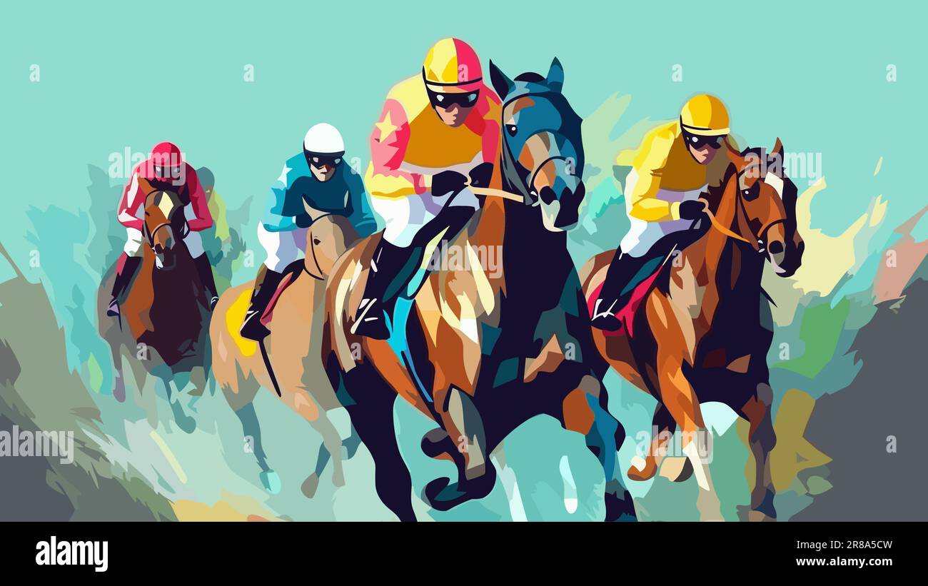 Horse racing poster, with sprinting horses and jockeys, flat style ...