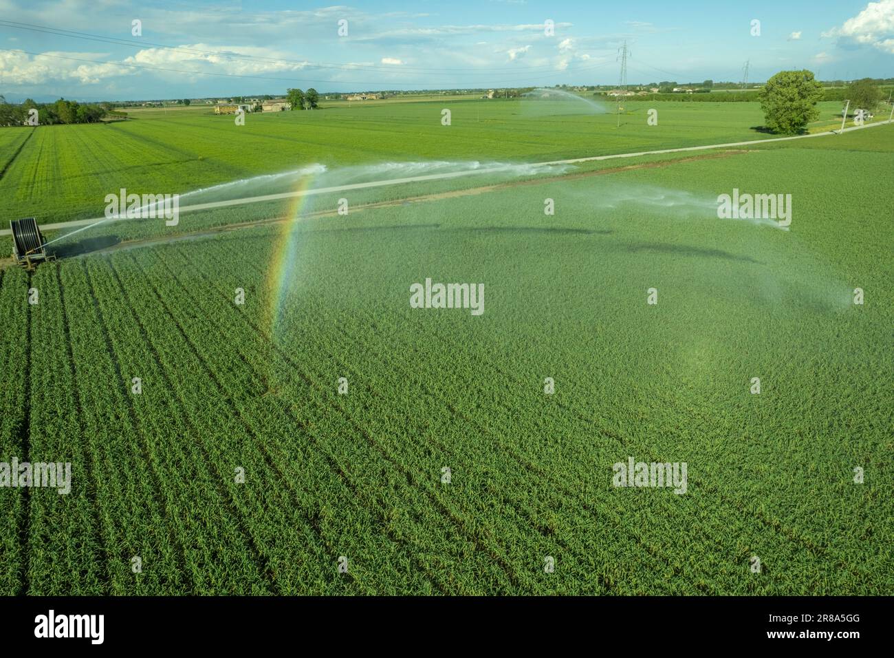 Aerial drone photography of agricultural irrigation system with a big ...