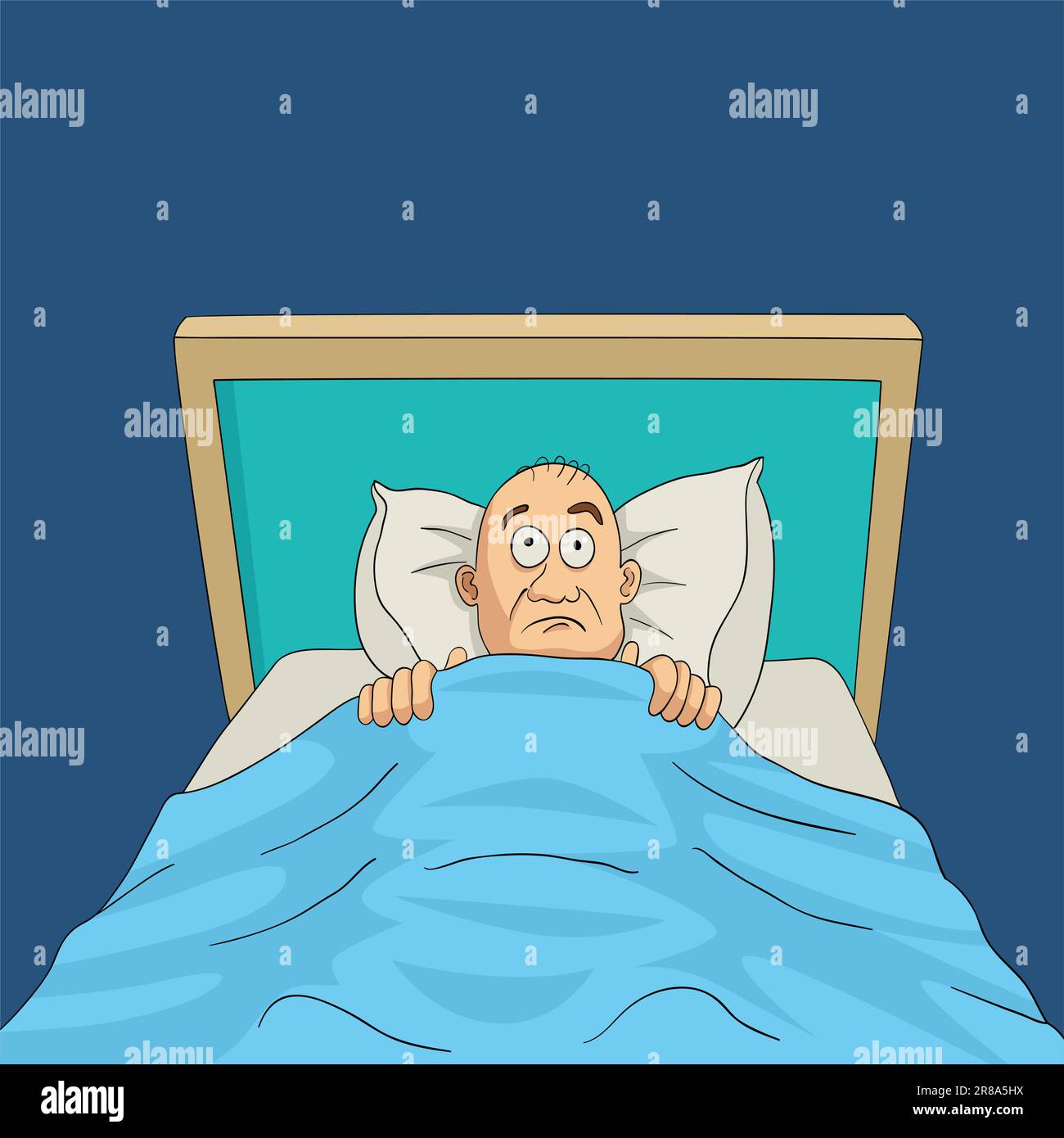 Cartoon Illustration Of A Man On Bed With Eyes Wide Open Insomnia