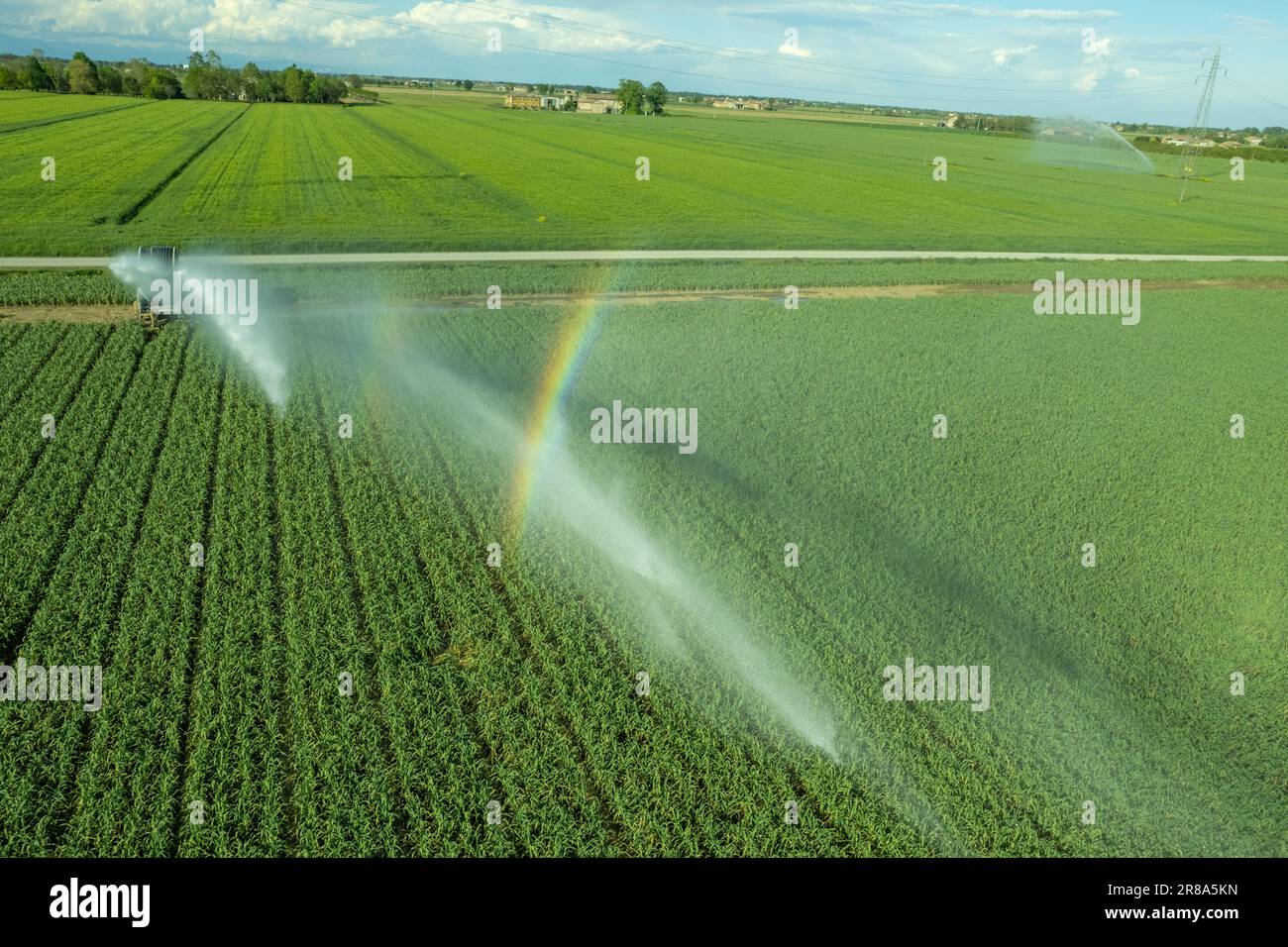Aerial drone photography of agricultural irrigation system with a big ...
