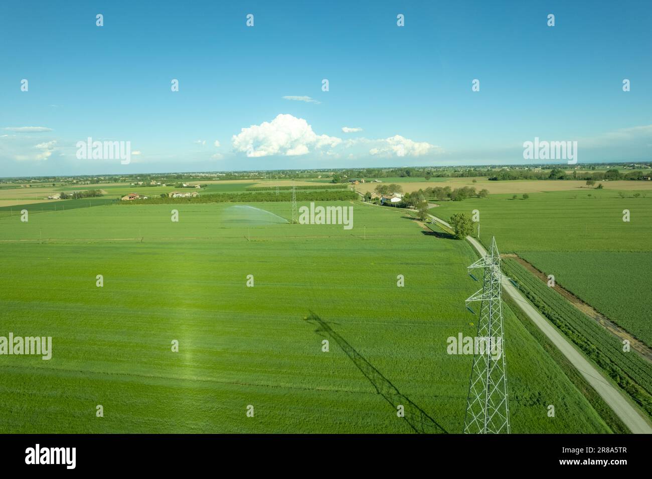 Aerial drone photography of agricultural irrigation system with a big ...