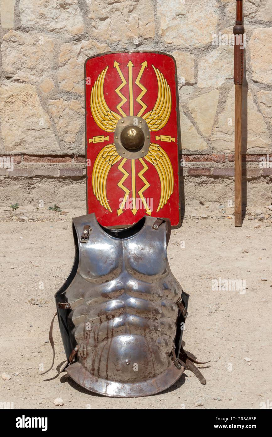 foreground in vertical view of an ancient roman empire soldier armor ...
