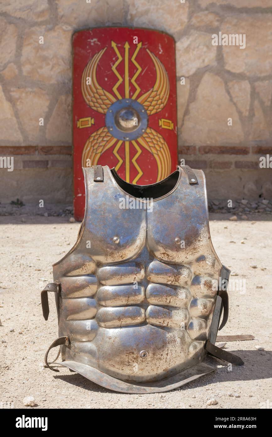foreground in vertical view of an ancient roman empire soldier armor ...