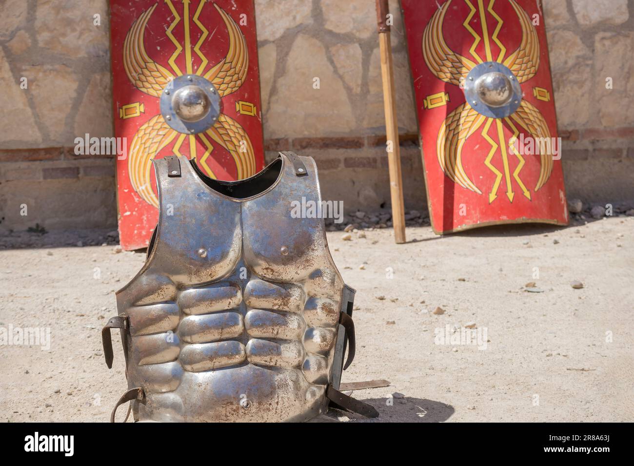 foreground in horizontal view of an ancient roman empire soldier armor ...