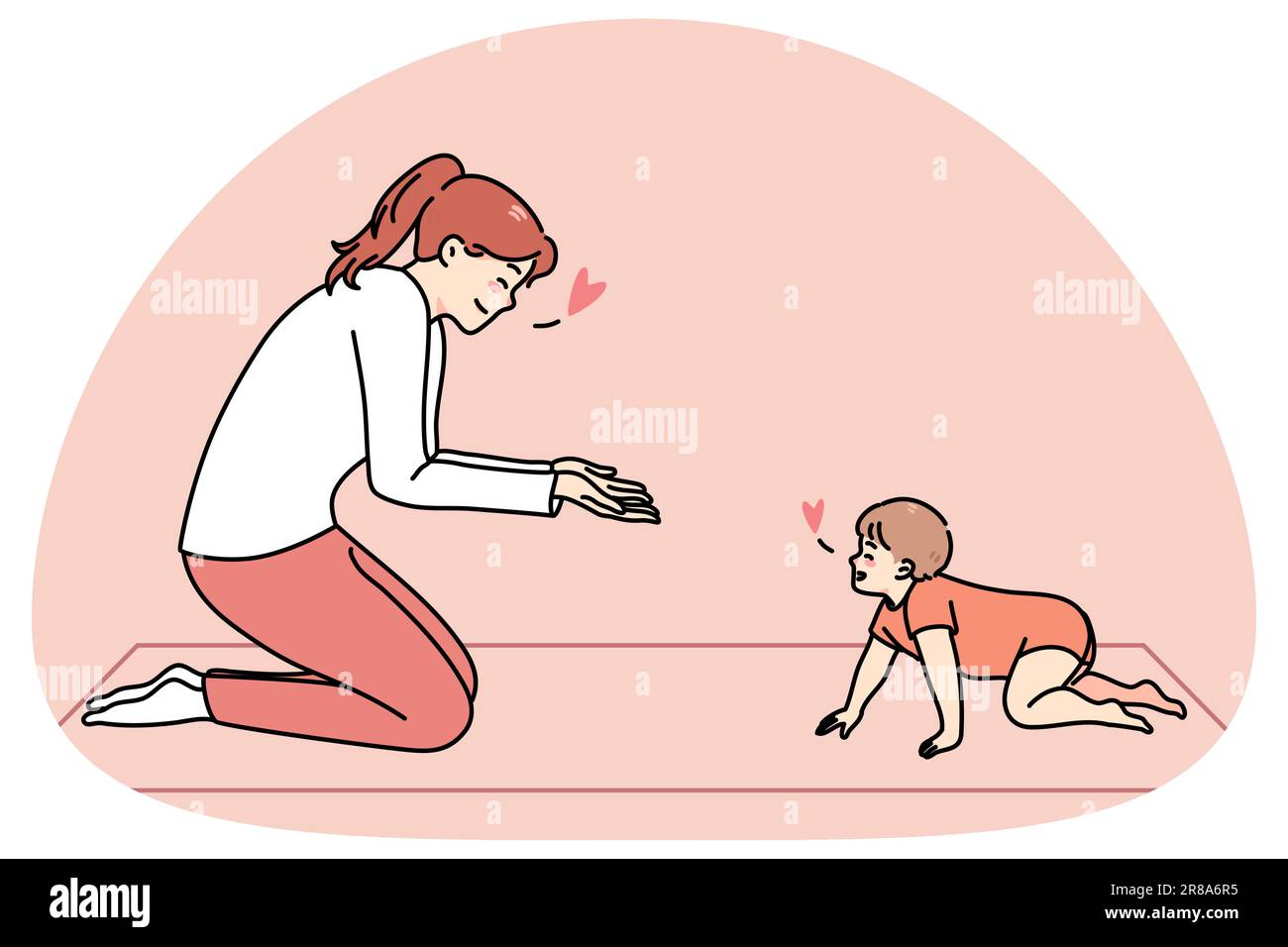 Loving happy young mother play with little toddler crawling at home ...