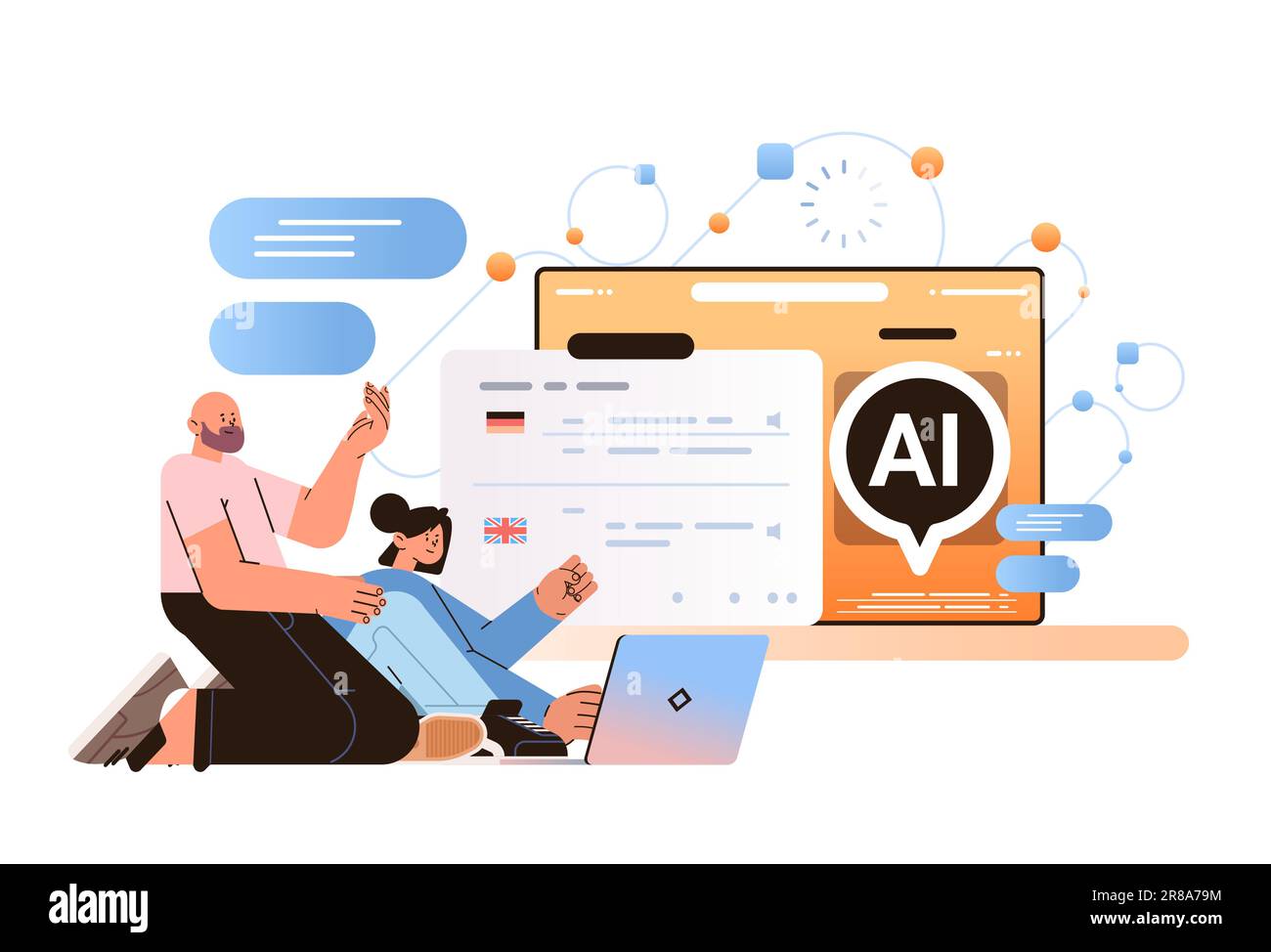 people using machine translation application with ai helper bot international communication ...