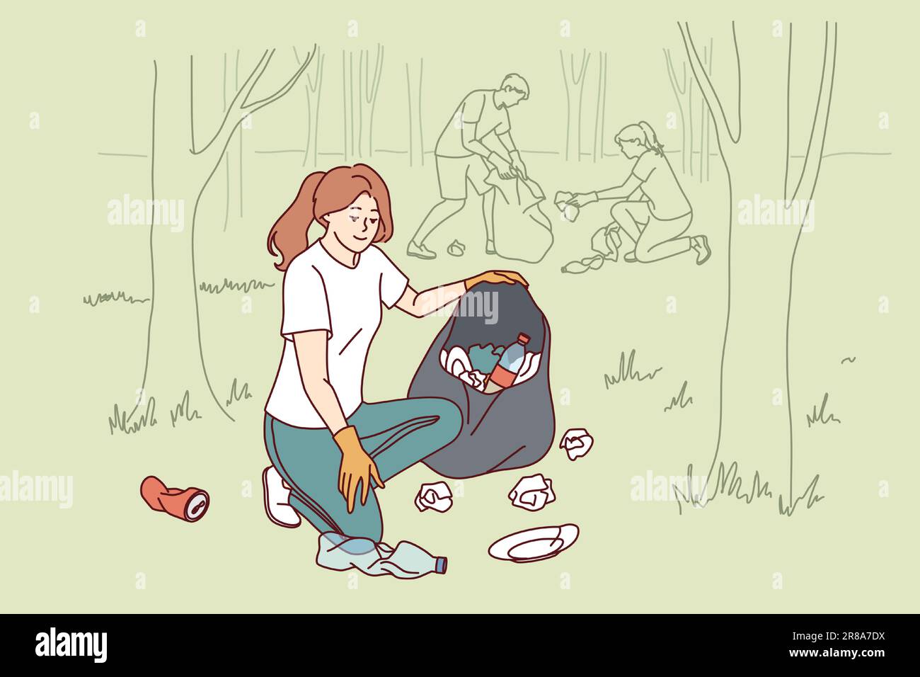Woman volunteer collects garbage in bag, cleaning park from plastic non ...