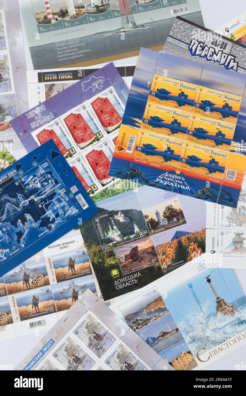 Ukrposhta. A set of different Ukrainian postage stamps and postcards ...