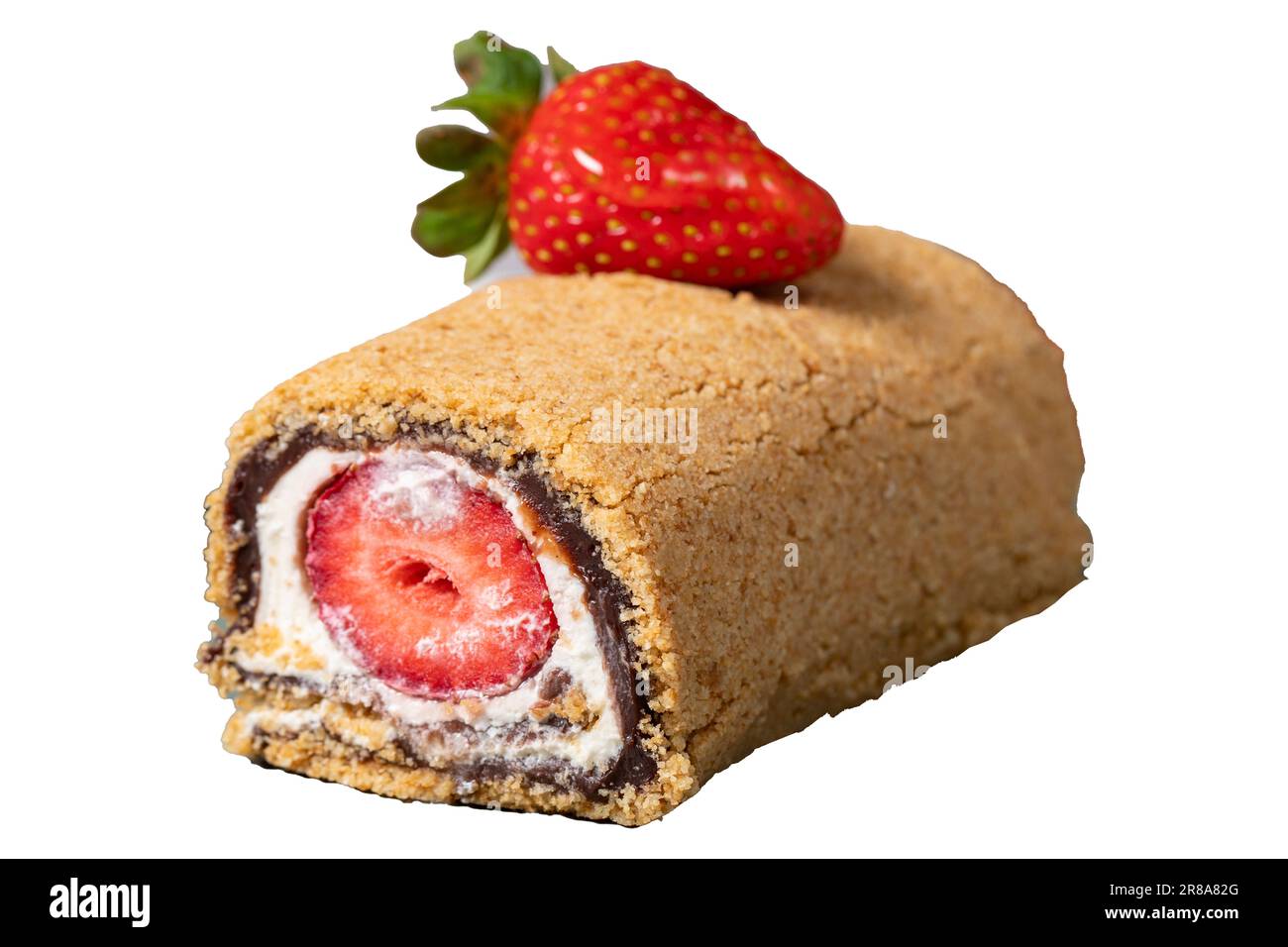 Rolled log cake. Strawberry and cream cake isolated on white background ...