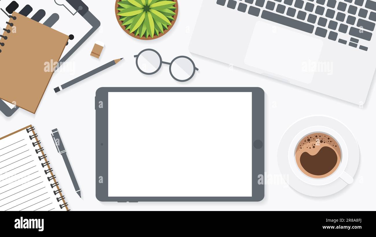 Cover and banner of working desk with gadget. Top view of table working ...