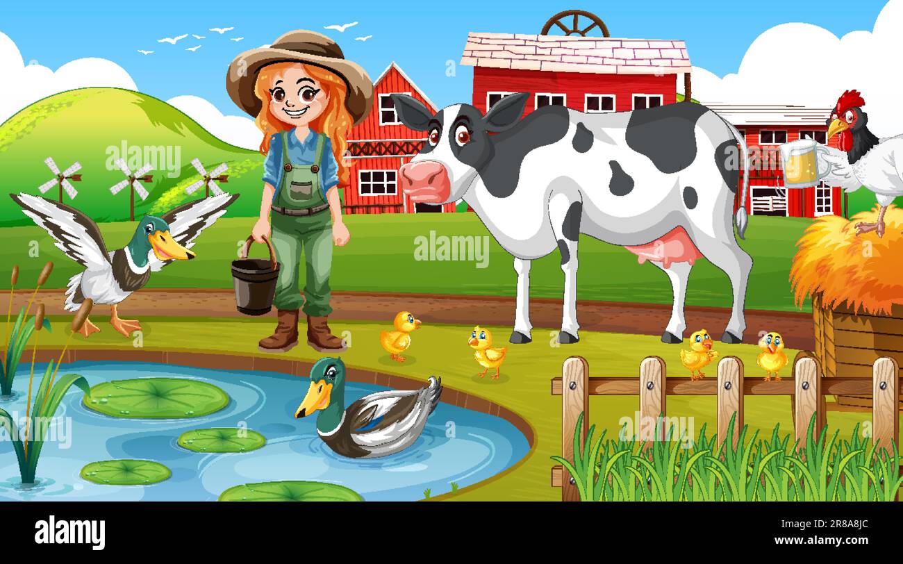Cute farmer cartoon character ay rural farm land illustration Stock ...