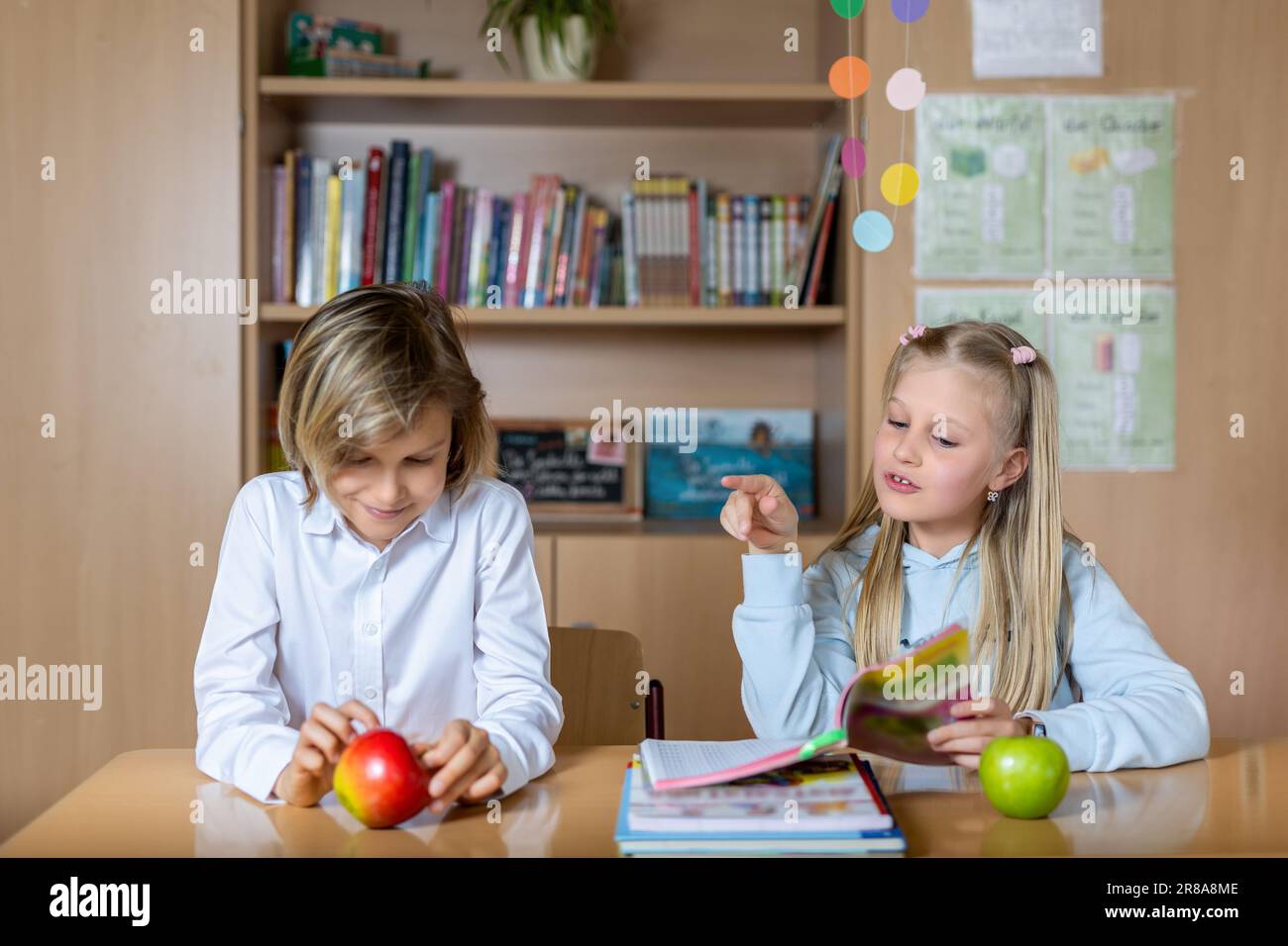 Portrait of two cute caucasian young blond little classmate friend kids ...