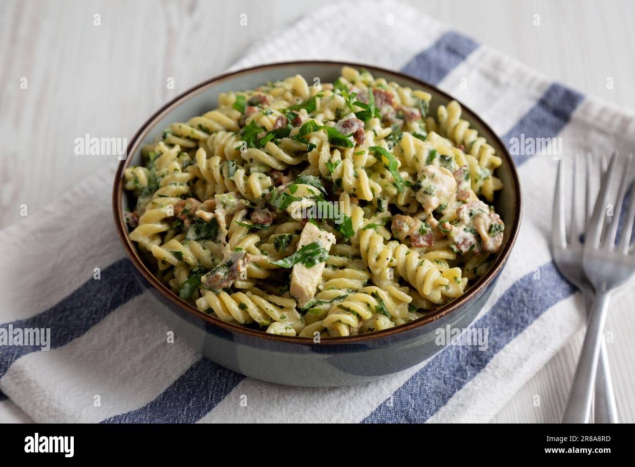 Homemade Chicken Spinach Alfredo Rotini Pasta in a Bowl, side view ...