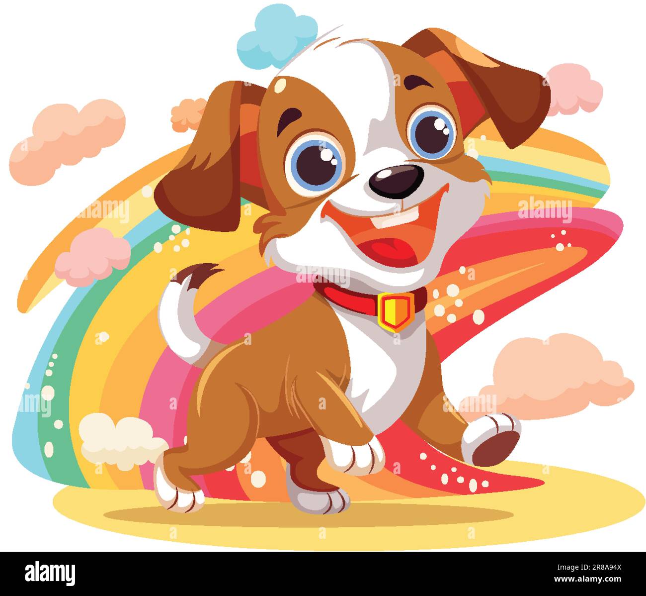 Cute dog cartoon character with rainbow isolated illustration Stock ...