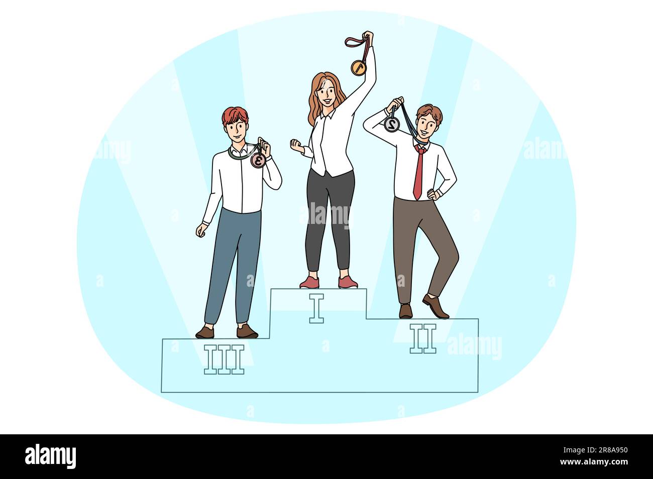 Smiling confident businesswoman show medal stand on pedestal ...