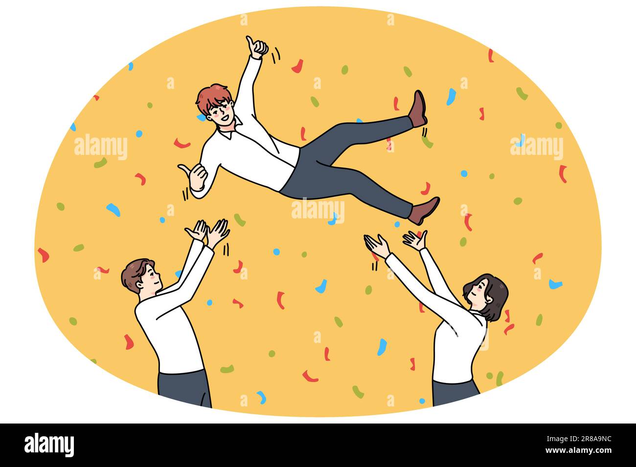 Happy employee throw colleague up in air greeting with job promotion. Overjoyed businesspeople ...