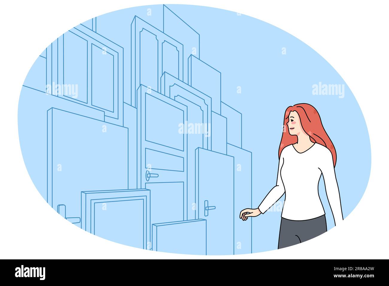 Confused woman in front of numerous doors find right solution or option ...