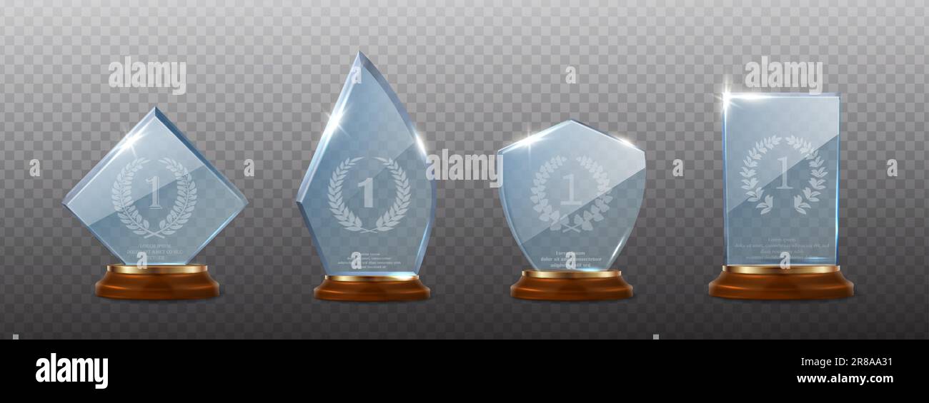 3d realistic vector icon set. Collection of glass trophy with wooden ...