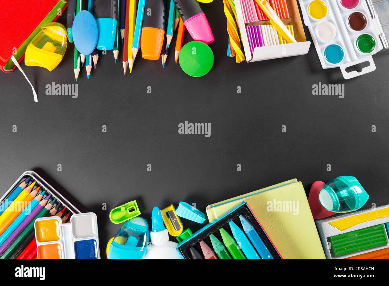 School supplies bottom border on a chalkboard background Stock Photo ...