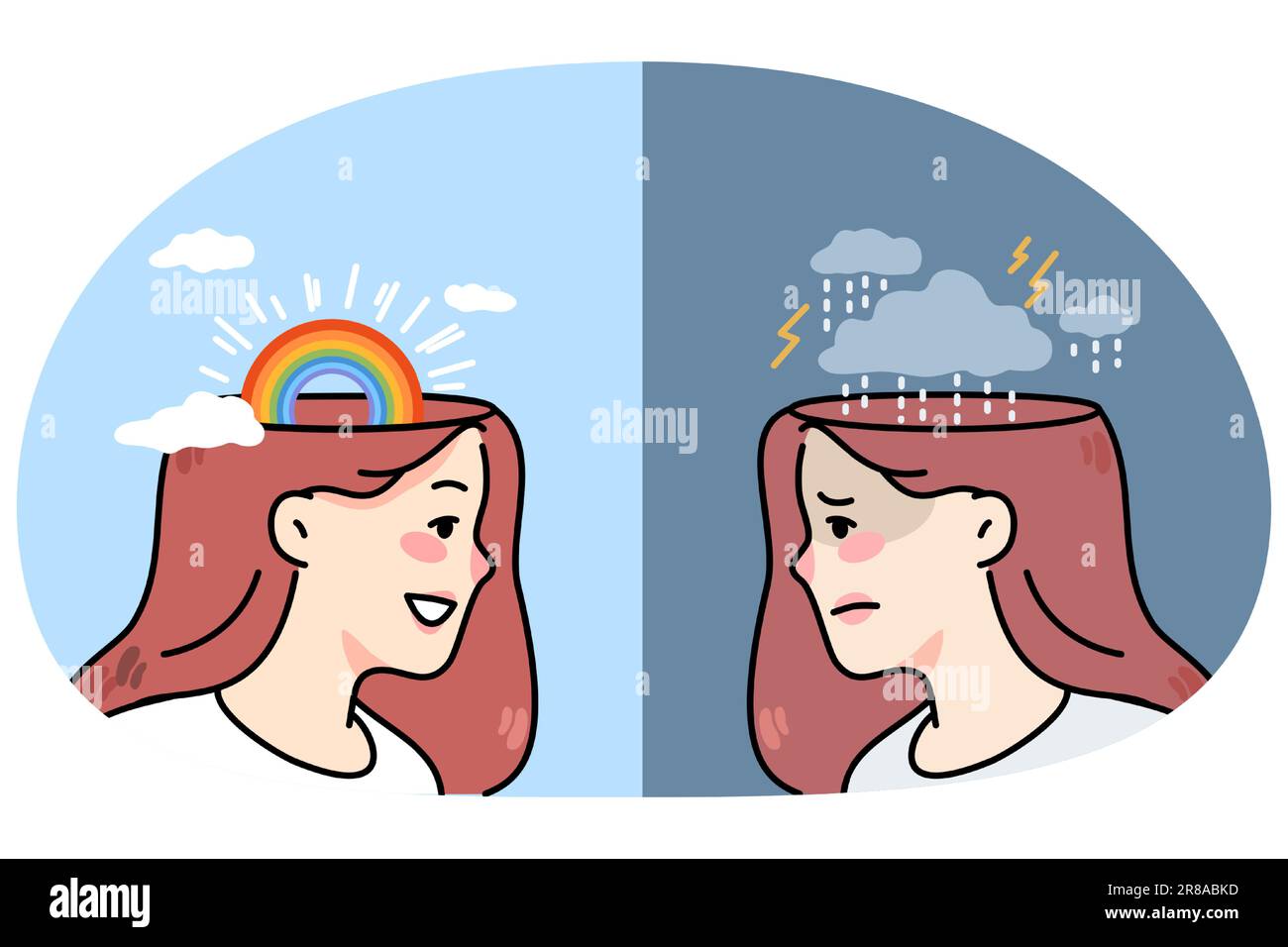 Young woman with bad mood and good mood. Unhappy and happy girl ...