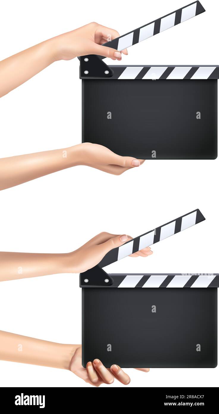 3d realistic vector icon. Movie clapper board opened with hands in ...