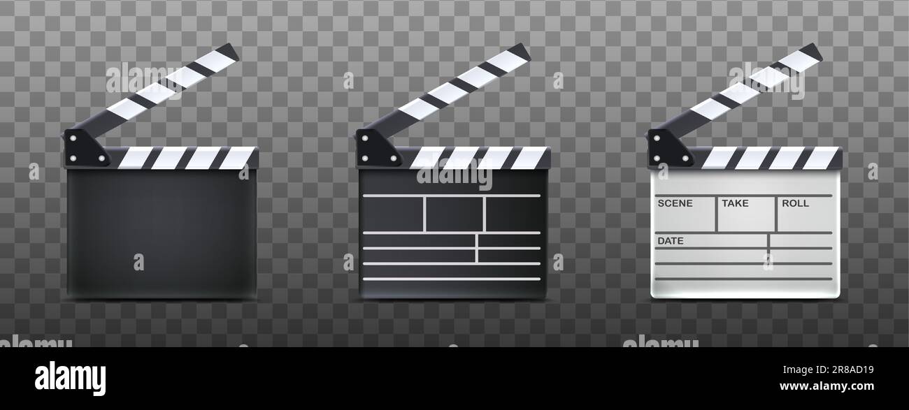 3d realistic vector icon. Open movie clapper board in black and white ...