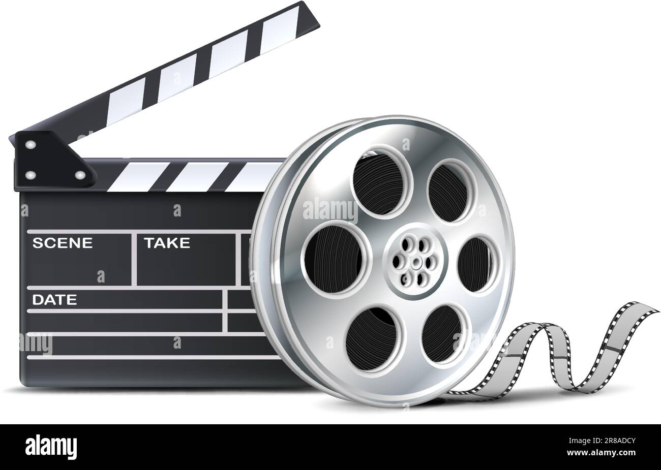 Film reel or movie metal roll with black tape and movie clapper ...