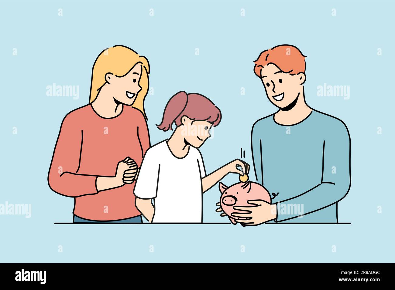 Smiling parents teach small child saving money in piggyback. Happy ...