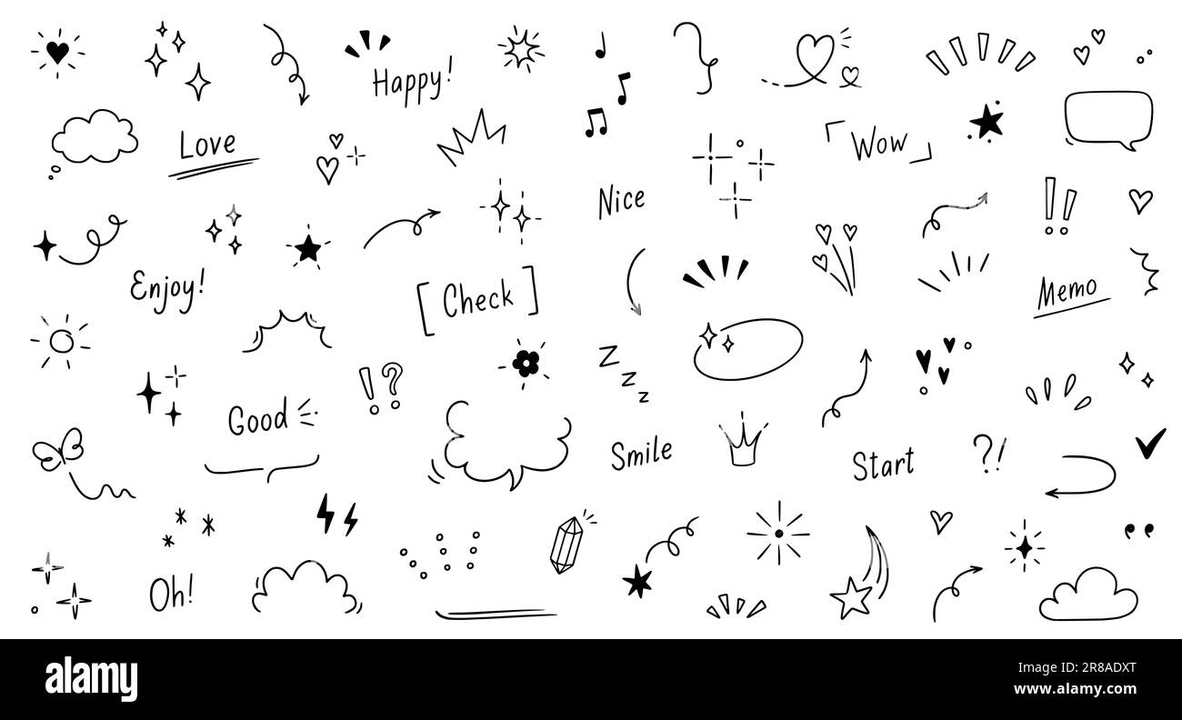Doodle cute heart, glitter pen line elements. Doodle heart, arrow, star ...