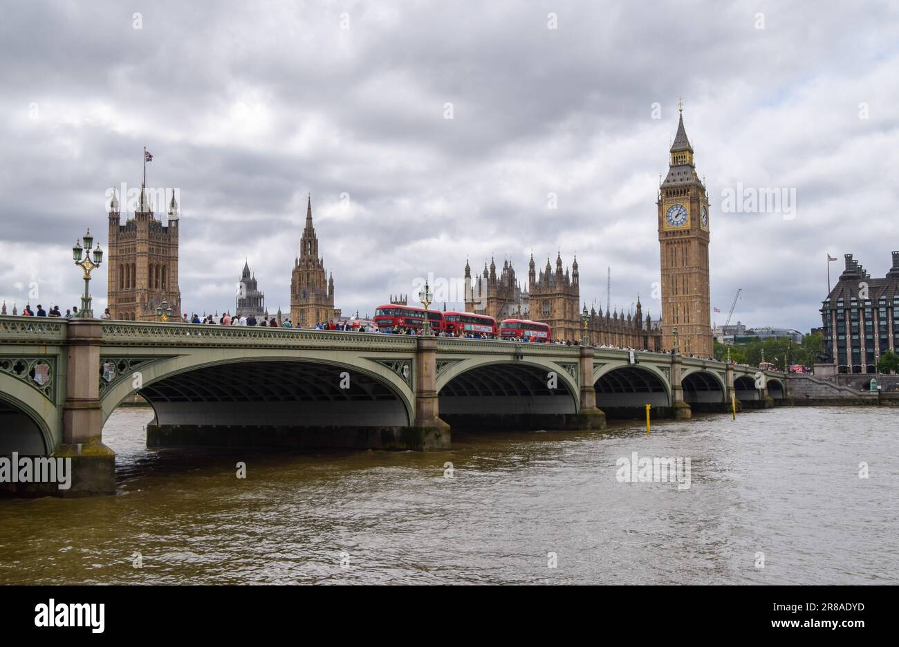 London, UK. 20th June 2023. Cloudy skies over the Houses of Parliament ...
