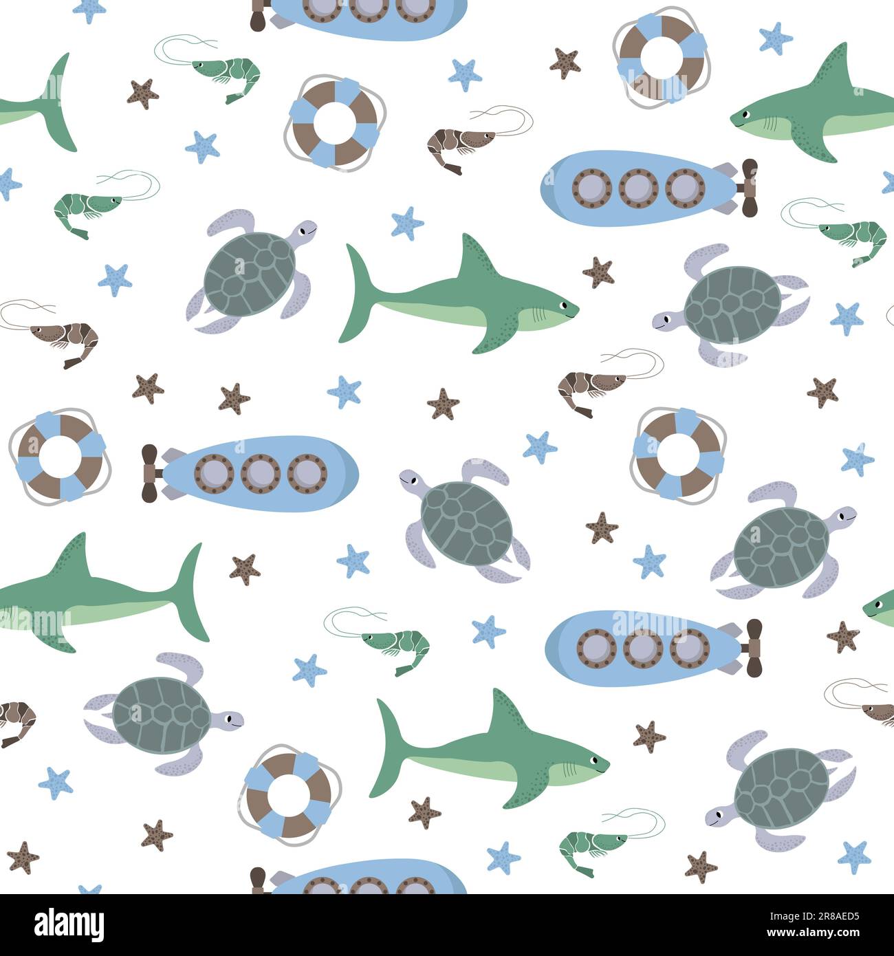 Vector seamless pattern with shark,submarine,turtle,shrimp,starfish ...