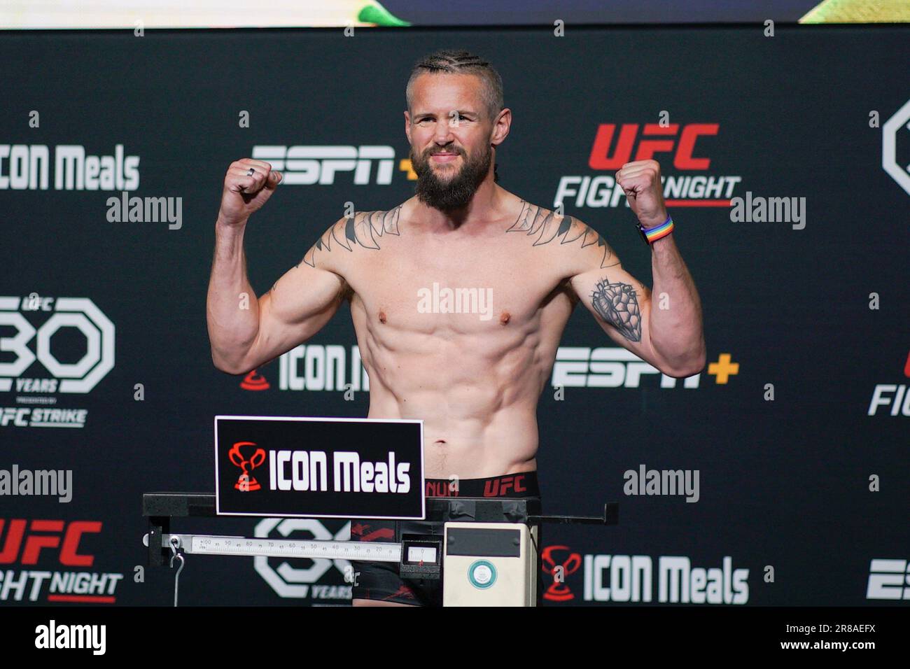 LAS VEGAS, NV - JUNE 16: Nicolas Dalby poses on the scale during the ...