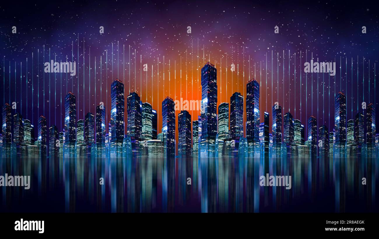 Metaverse smart technology city. Digital futuristic data skyscrapers on ...