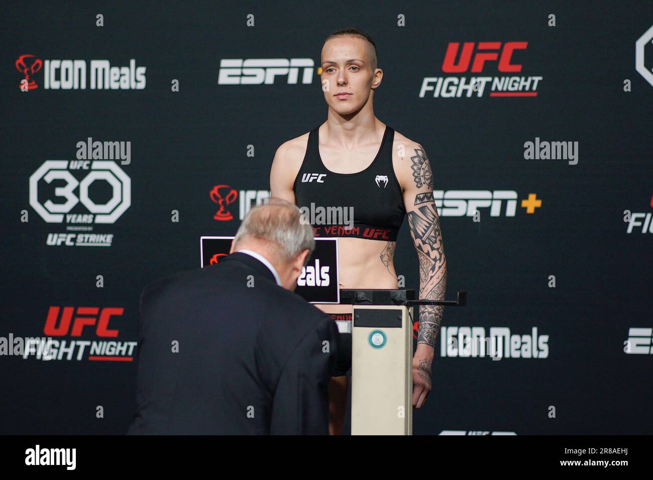 LAS VEGAS, NV - JUNE 16: Tereza Bledá poses on the scale during the UFC ...