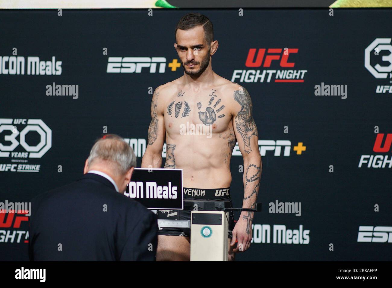 LAS VEGAS, NV - JUNE 16: Lucas Almeida poses on the scale during the ...