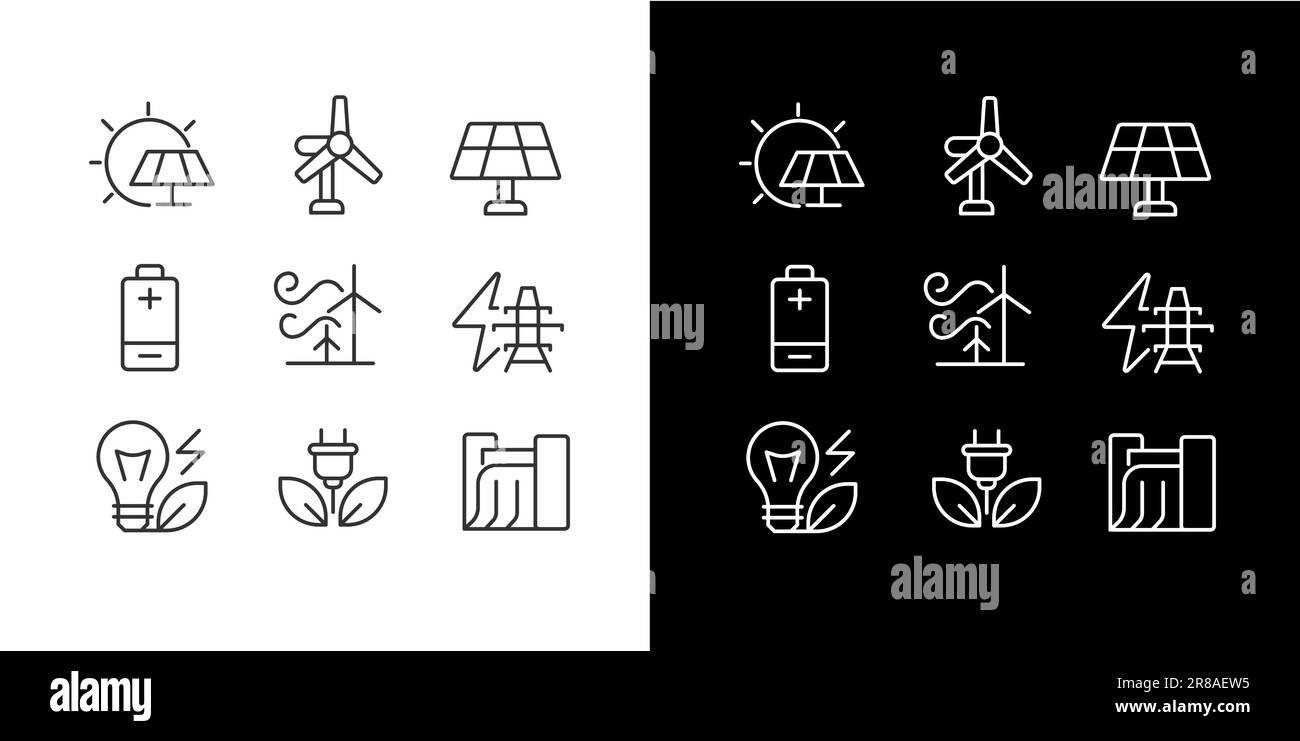 Sustainable power sources pixel perfect linear icons set for dark ... Sustainable power sources pixel perfect linear icons set for dark ...