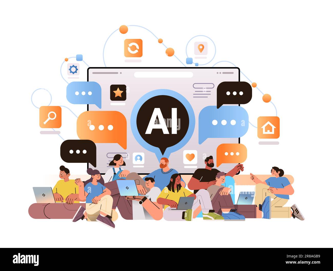 mix race people chatting on social media with ai helper bot assistant profile generation digital ...