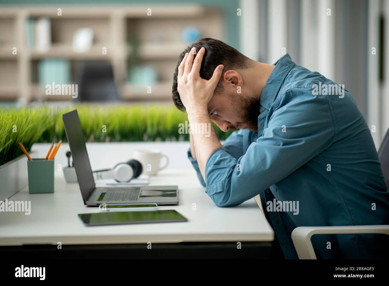 Work Problems. Freelancer Guy Siting At Desk And Touching Head In ...