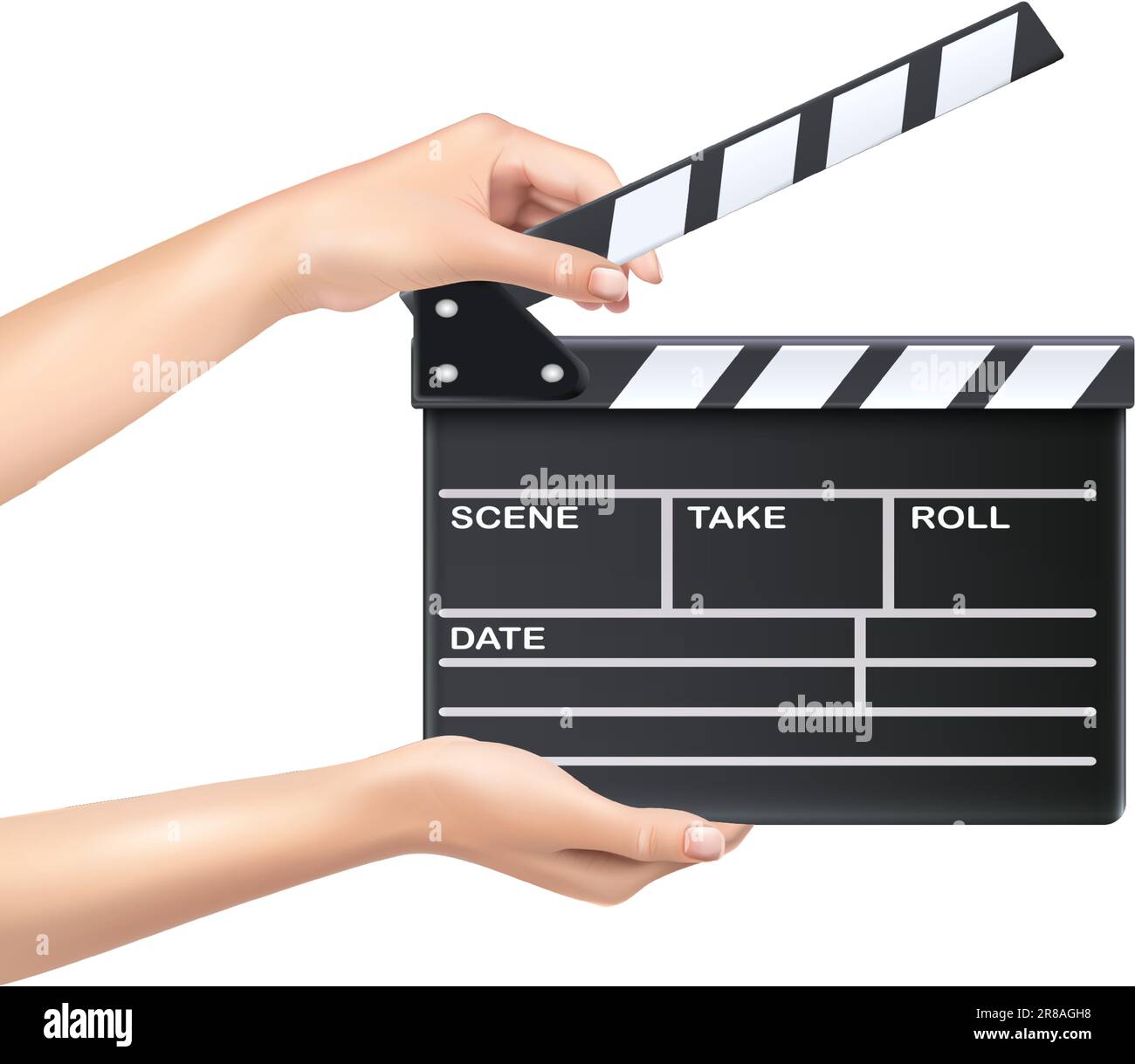 3d realistic vector icon. Movie clapper board opened with hands Stock ...