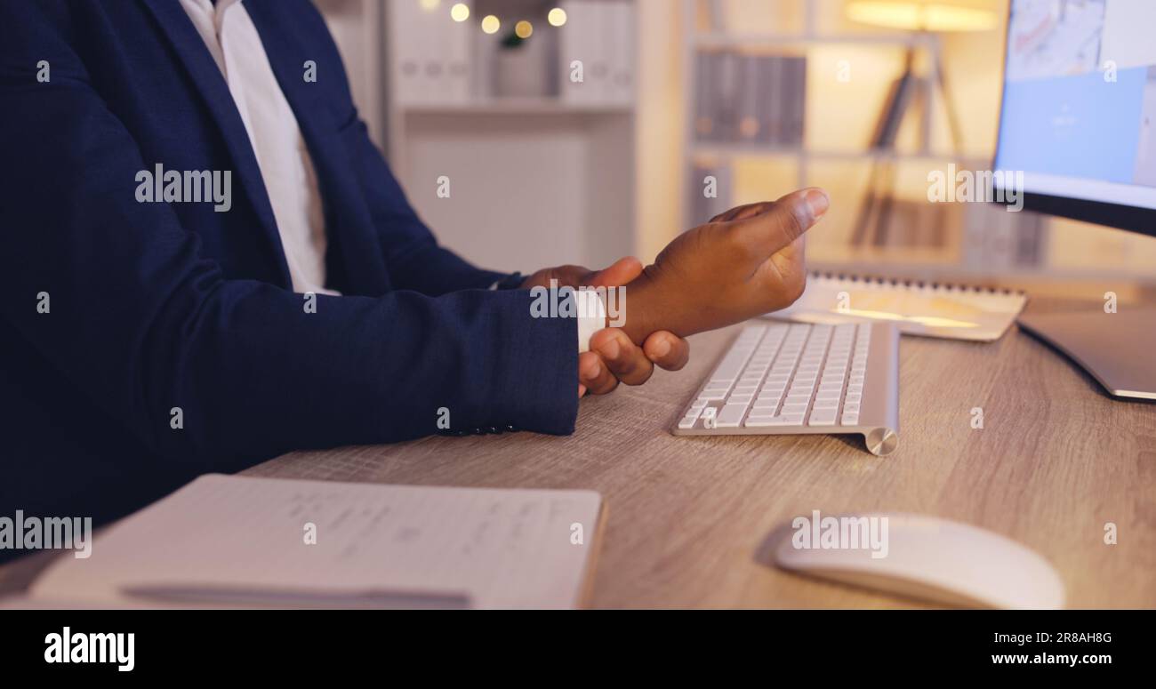 Hands of business man with pain, carpal tunnel syndrome or wrist strain ...