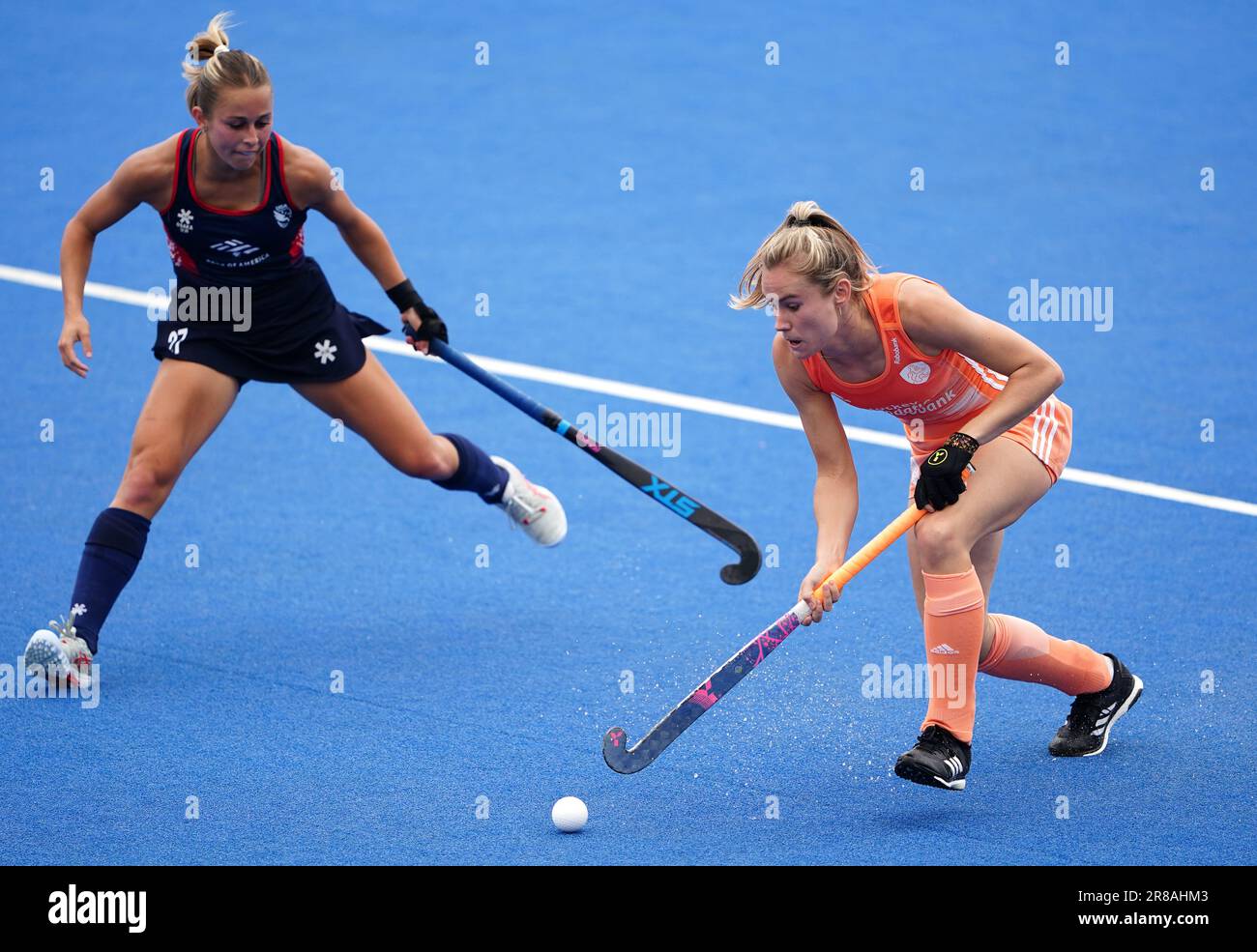 USA's 27 and Netherlands' 4 during the Women's FIH Hockey Pro League match at Lee Valley, London ...
