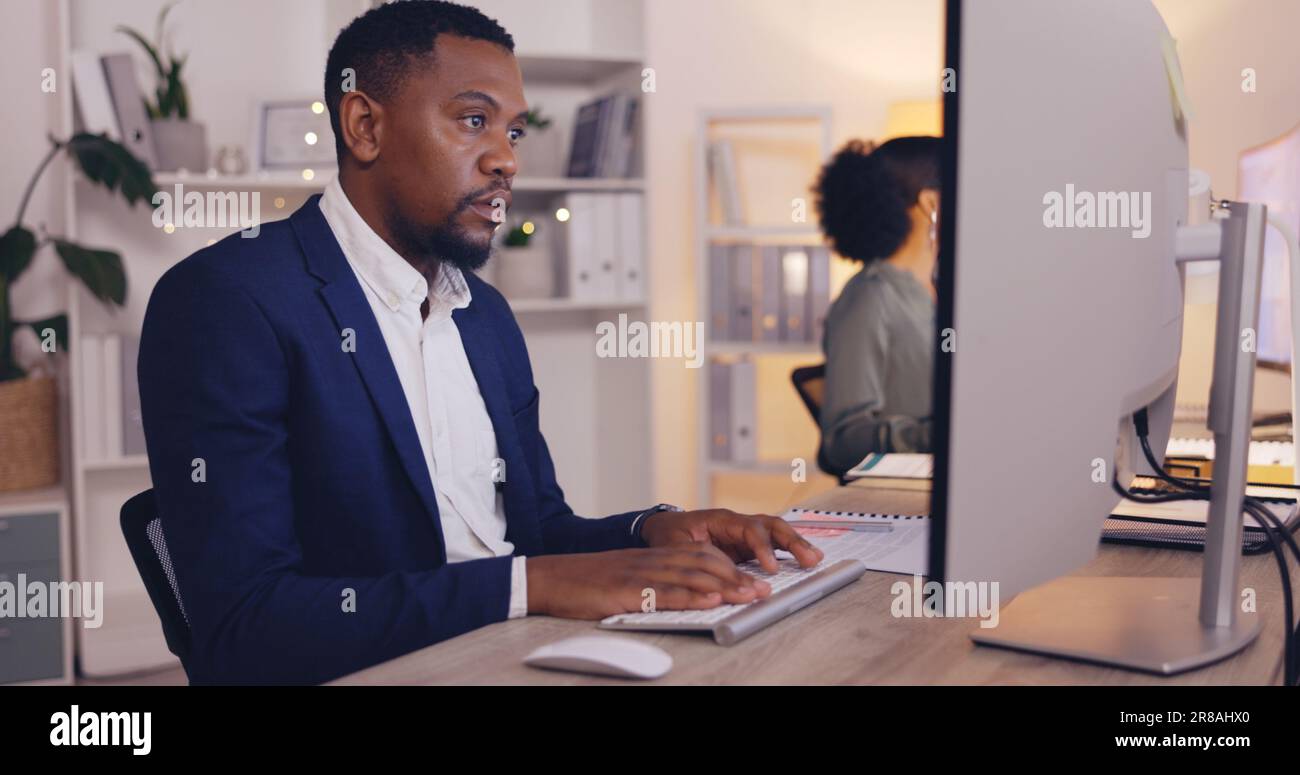 Corporate, focus and male worker at desk for writing email, website ...